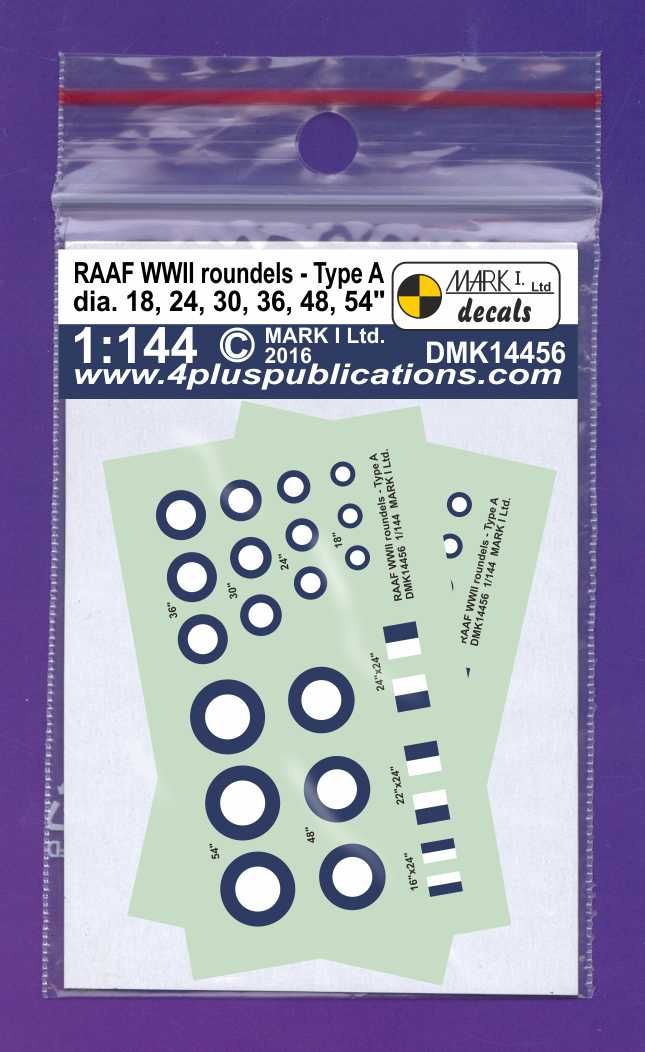 1:144 RAAF WWII roundels Type A (thin ring), 2 sets dia 18,24,30,36,48,54"